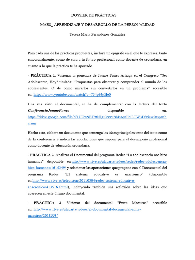 Dossier de Prácticas ADP - TERESA APRENDIZAJE Y DESARROLLO FOL | PDF | Aprendizaje | Enseñando