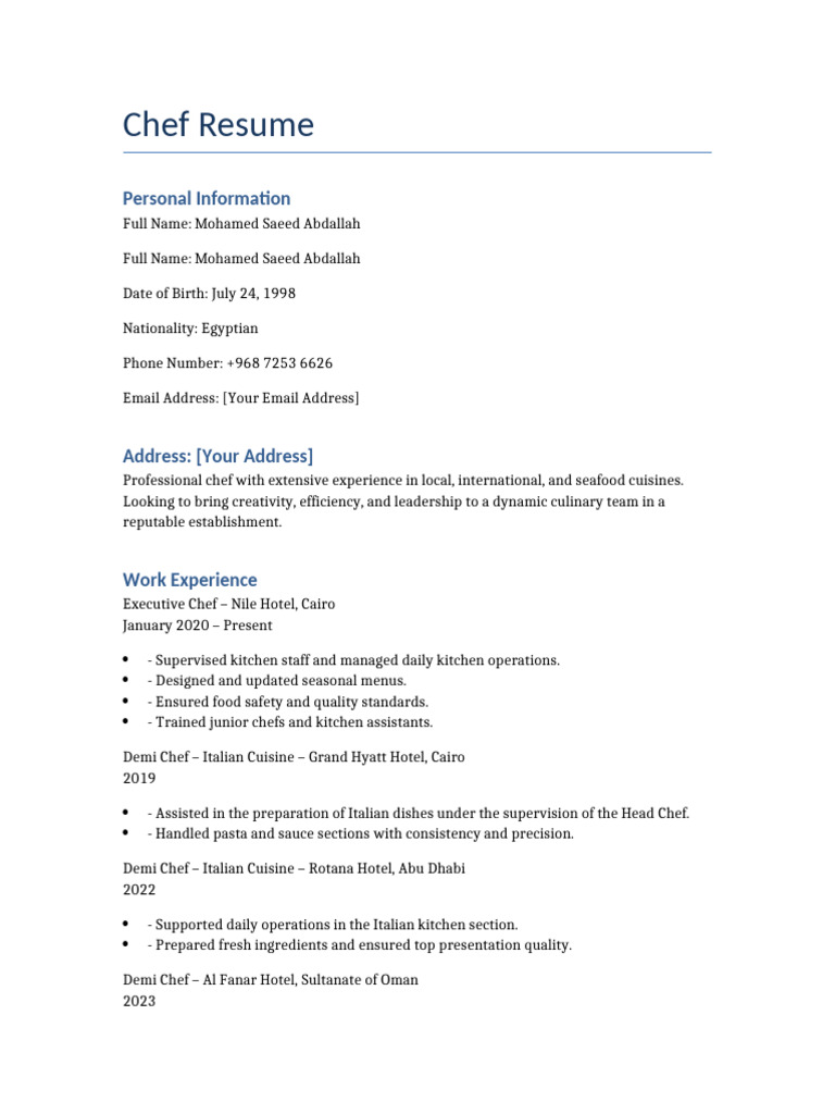 Mohamed Saeed Abdallah Chef Resume Updated | PDF | Chef | Menu