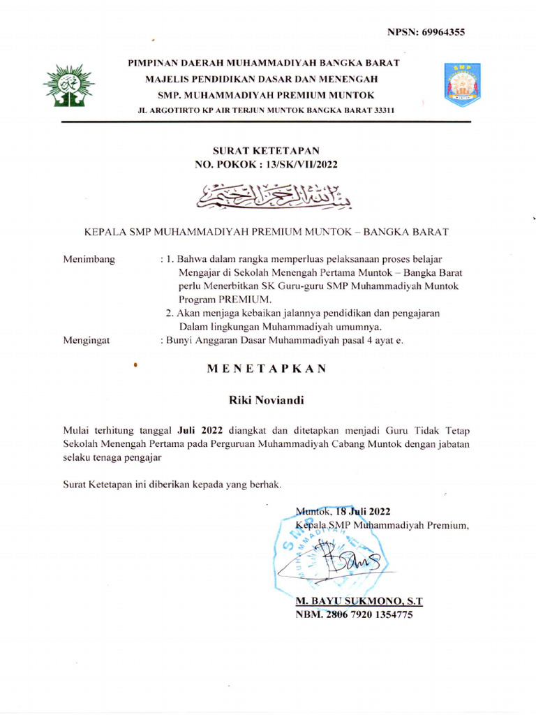 SK pengangkatan Sebagai Guru RIKI | PDF