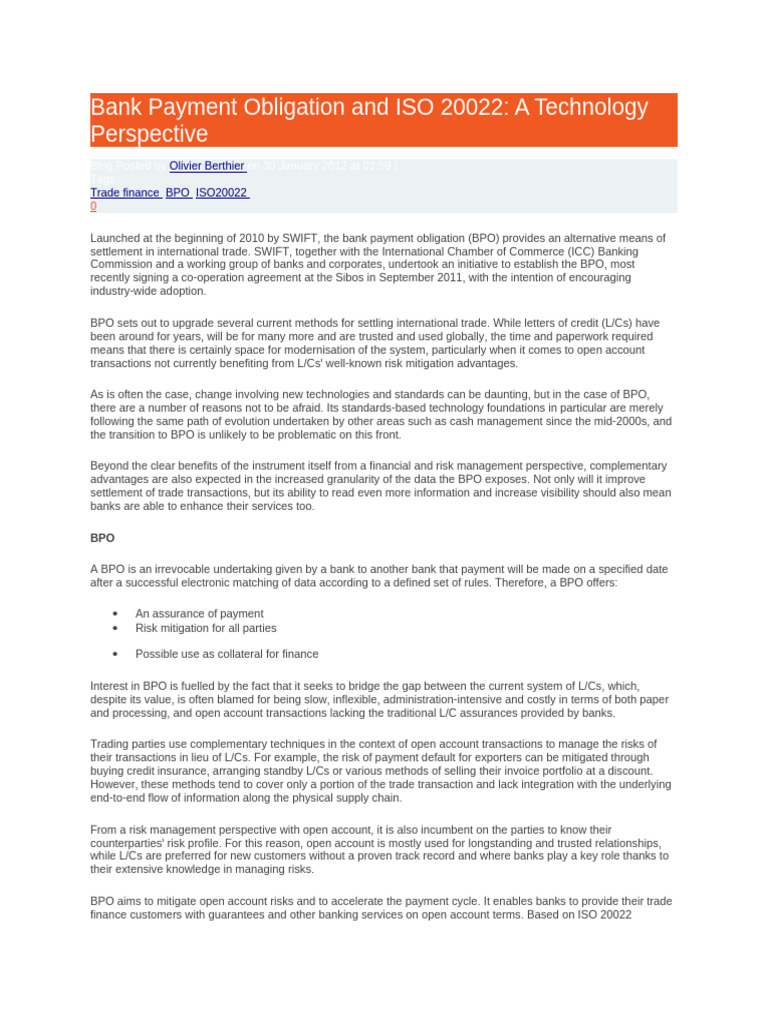 Bank Payment Obligation and ISO 20022 | PDF | Enterprise Resource ...