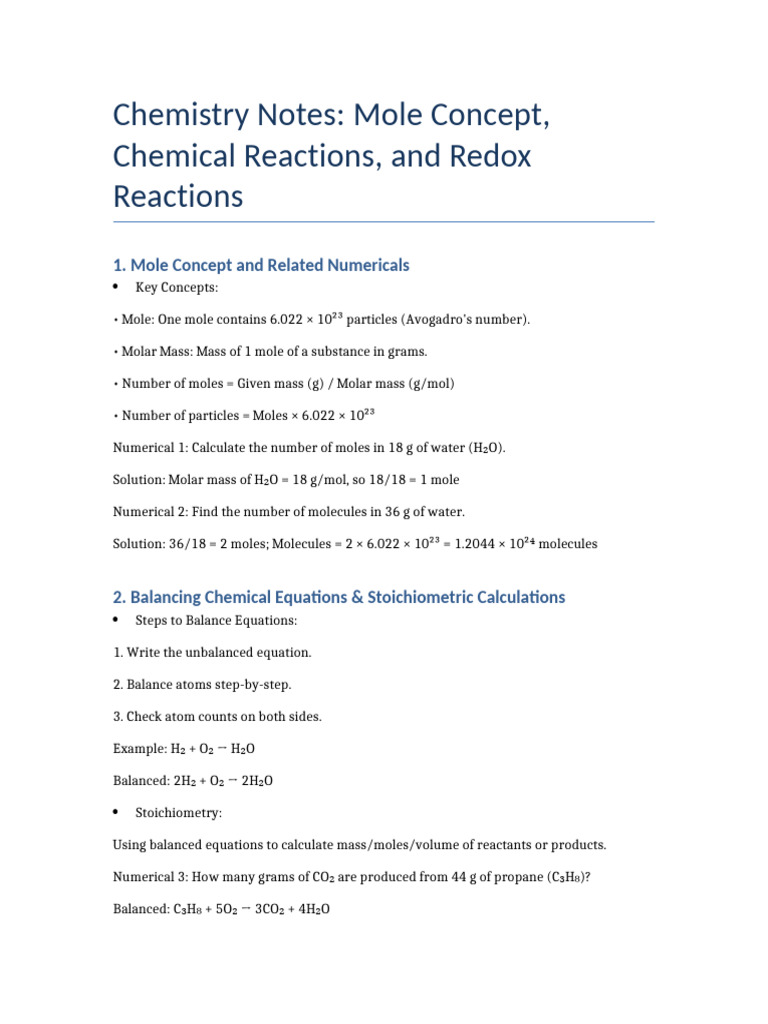 Chemistry Notes Mole Stoichiometry Redox (1) | PDF