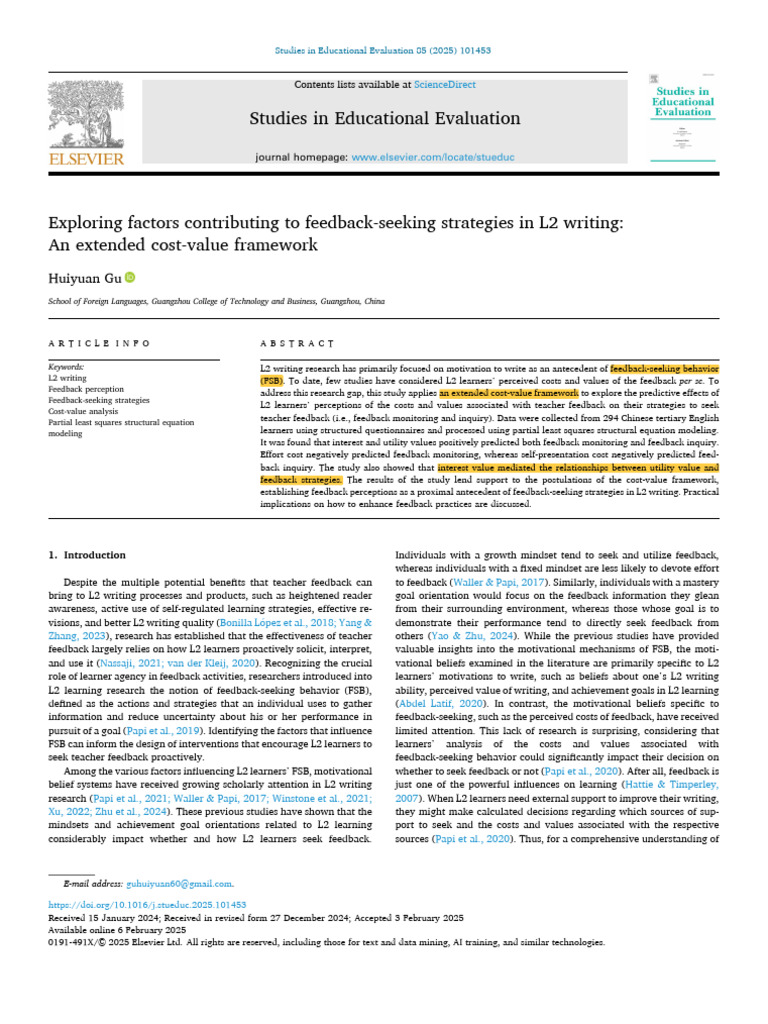 Exploring Factors Contributing To Feedback-Seeking Strategies in L2 Writing An Extended Cost ...