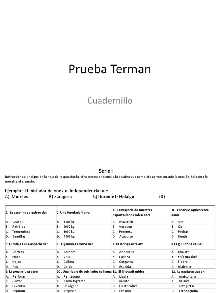 Prueba Terman: Cuestionario de Respuestas | PDF | Naturaleza | Alimentos