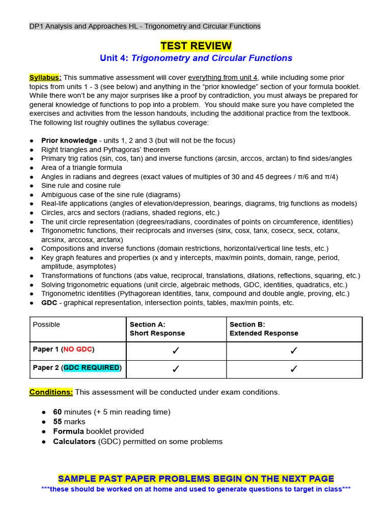 TEST REVIEW Unit 4 Trigonometry and Circular Functions (AAHL) | PDF ...