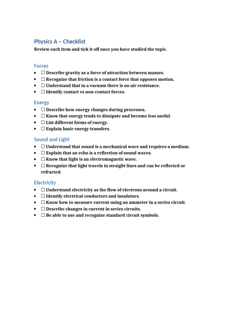 Physics A Checklist | PDF