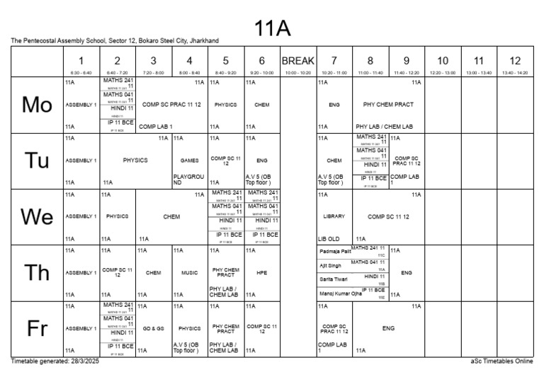 11-A (Class Time Table) 2025-26 | PDF