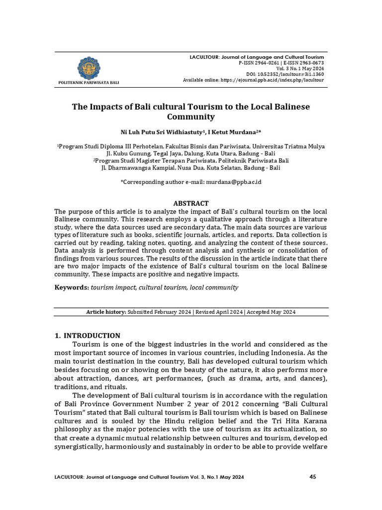 Suprastayasa, THE IMPACTS OF BALI CULTURAL TOURISM | PDF | Bali | Tourism