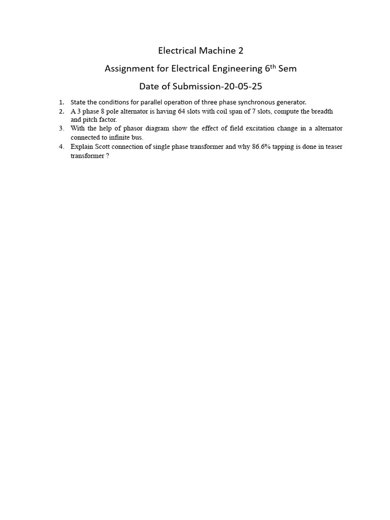 Electrical Machine 2 Assignment - 25th April 2025 | PDF