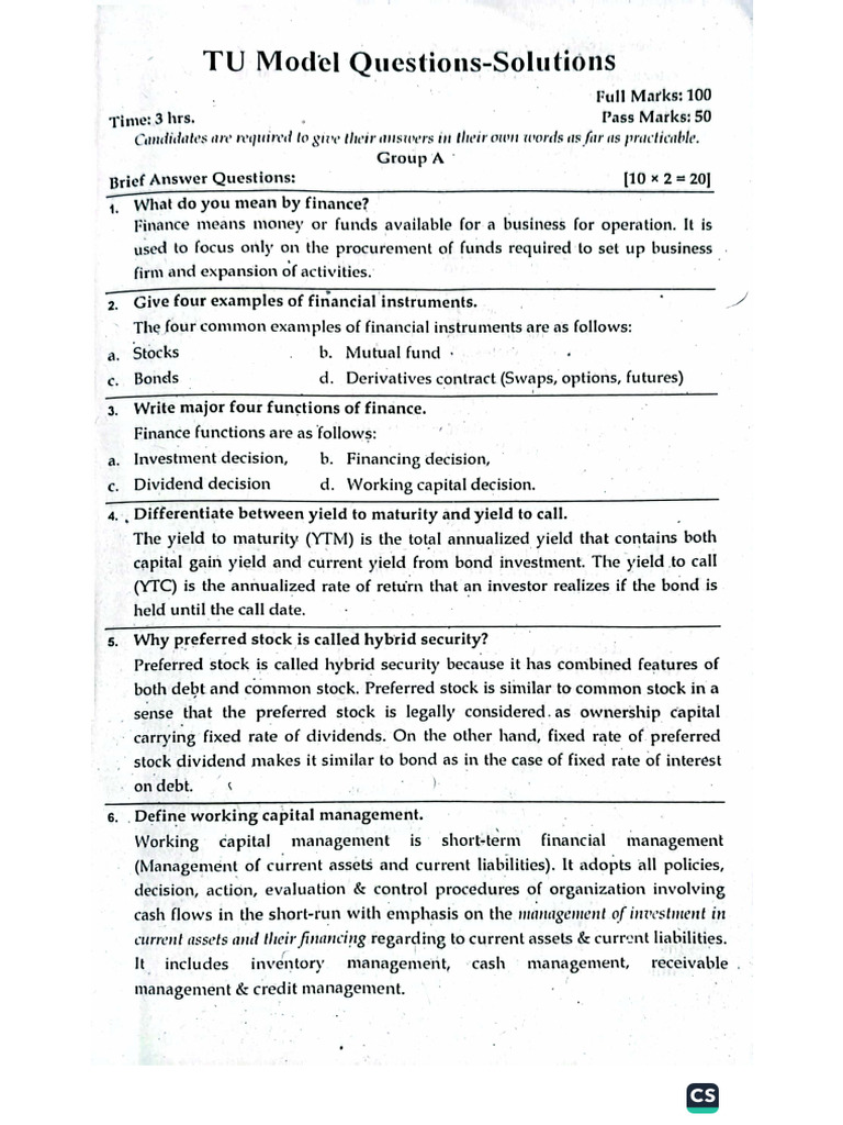 Fundamental Of Finance 3sem Model Solution Pdf