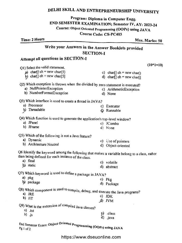 Diploma Cs 4 Sem Object Oriented Programming Oops Using Java Cs Pc403 2024 | PDF