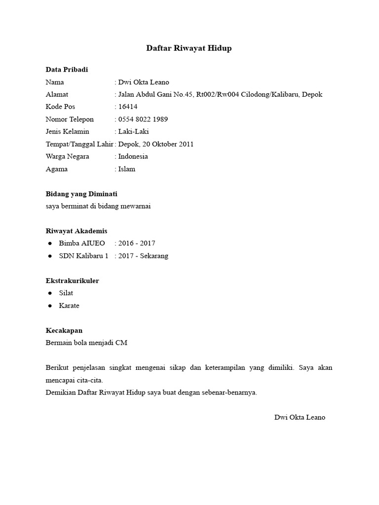 Daftar Riwayat Hidup Okta | PDF