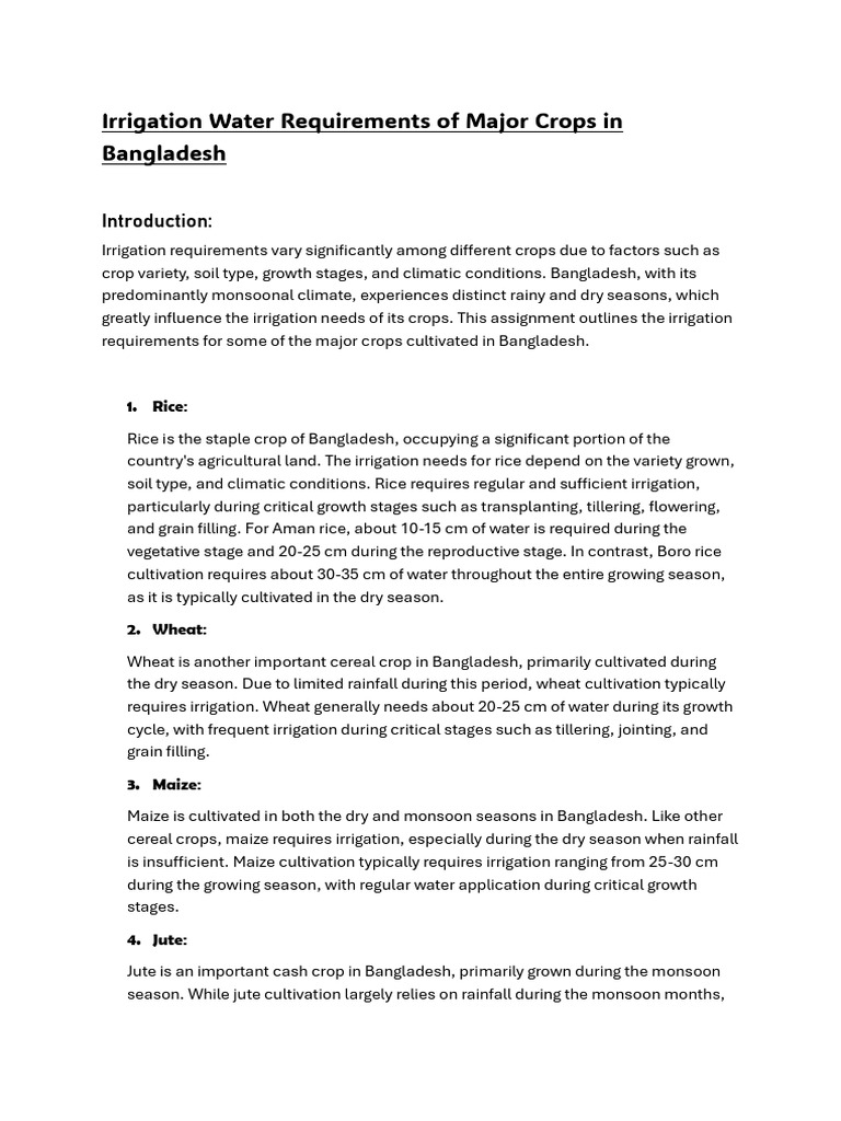 Irrigation Needs of Major Crops in Bangladesh | PDF | Cereals | Rice