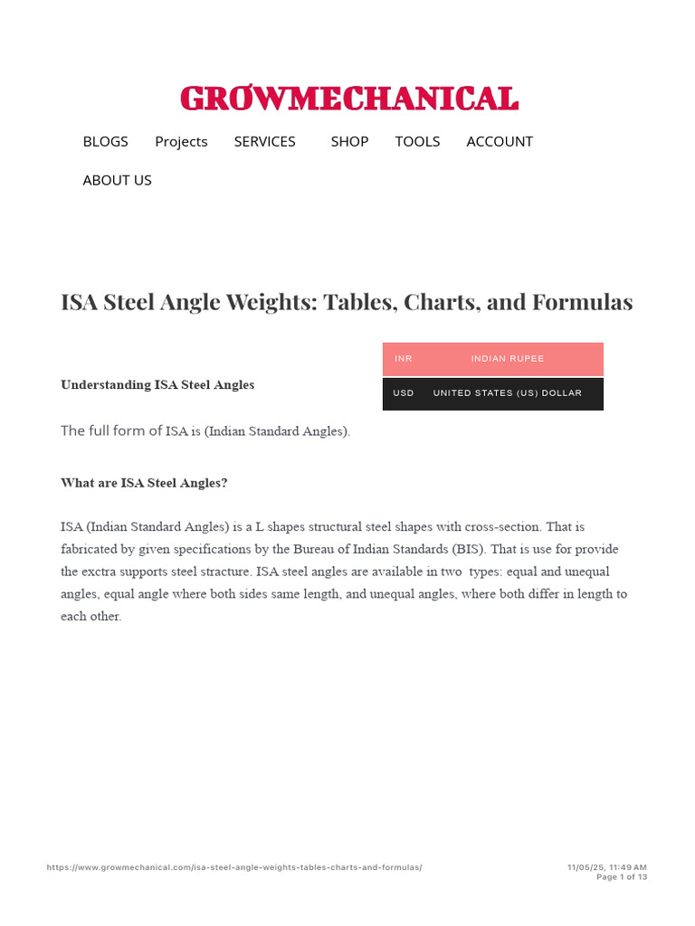 ISA Steel Angle Weights - Tables, Charts, and Formulas - GROWMECHANICAL ...