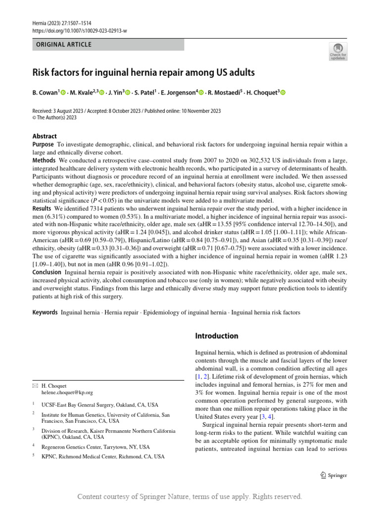 Risk Factors For Inguinal Hernia Repair Among Us A Pdf Medical