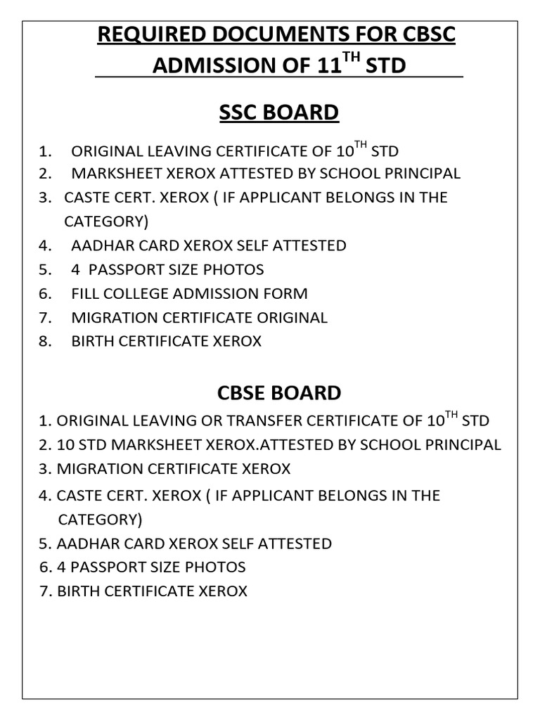 Required Documents For Cbse 11 STD | PDF