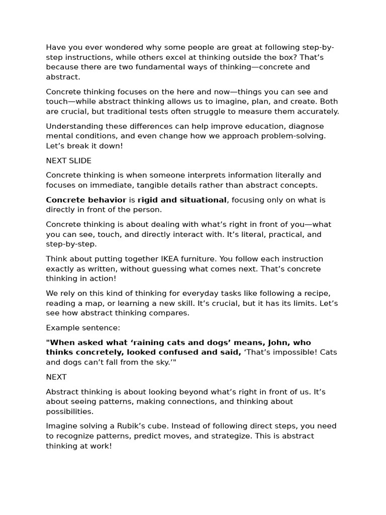 Abstract and Concrete Behavior Script | PDF | Thought | Abstraction