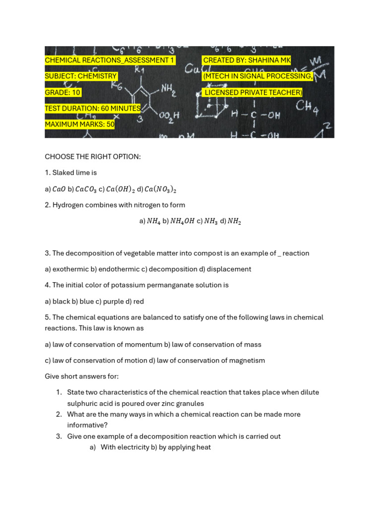 Chemical Reactions - Assessment 1 | PDF | Chemical Reactions | Chemistry