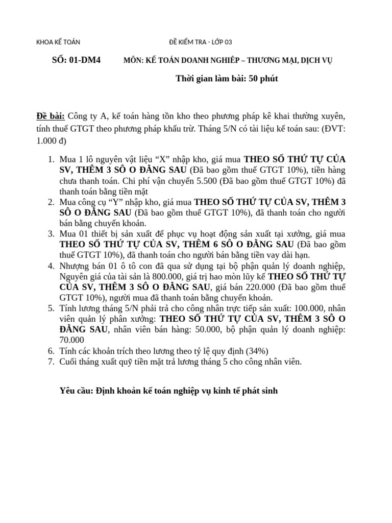 Đề Kiểm Tra Môn KTTMDV 10.5.25 | PDF