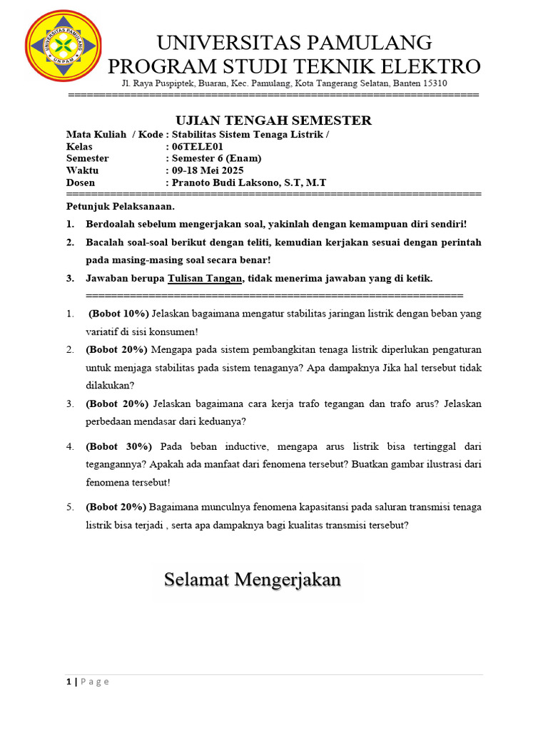 Soal UTS Mei 2025 Stabilitas Sistem Tenaga Listrik | PDF