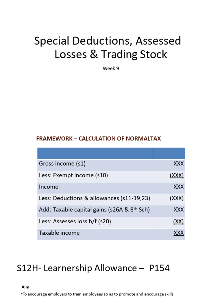 Week 9 - Special Deductions Assessed Losses Trading Stock 2025 | PDF | Tax Deduction | Gross Income
