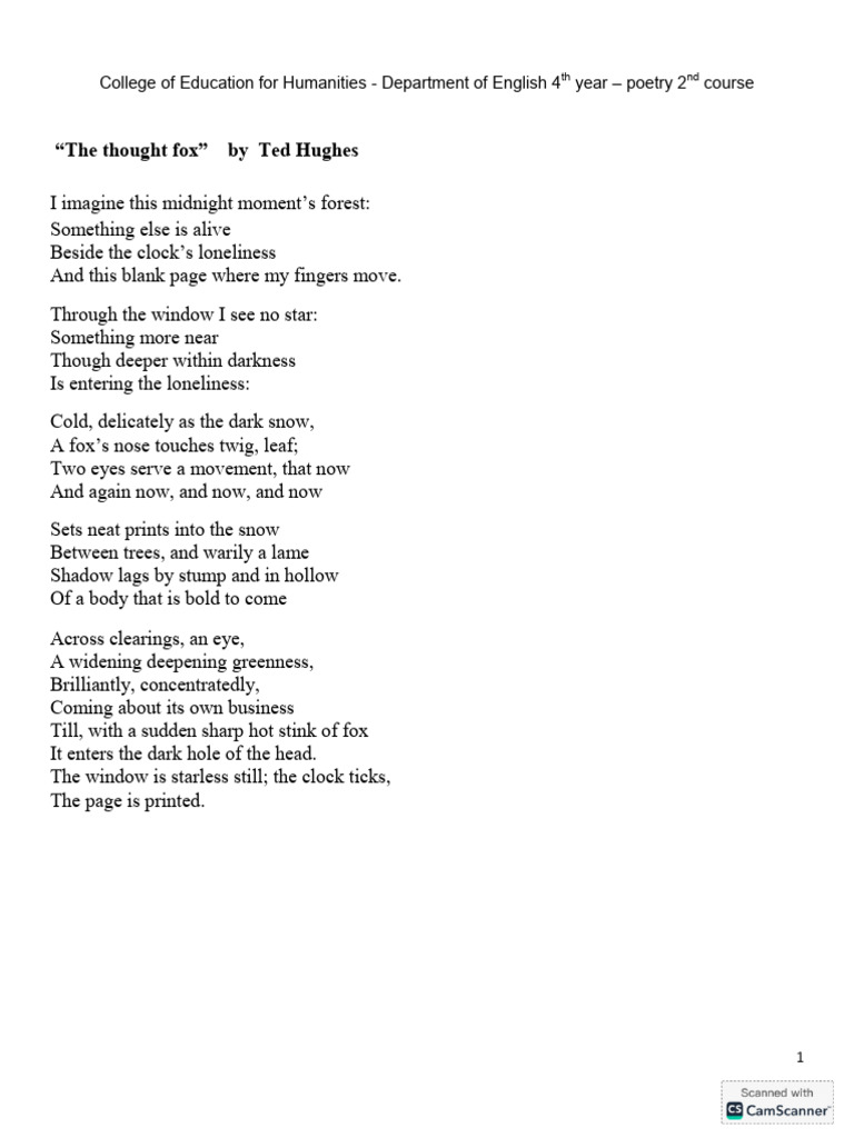 T by Ted Hughes: " He Thought Fox" | PDF