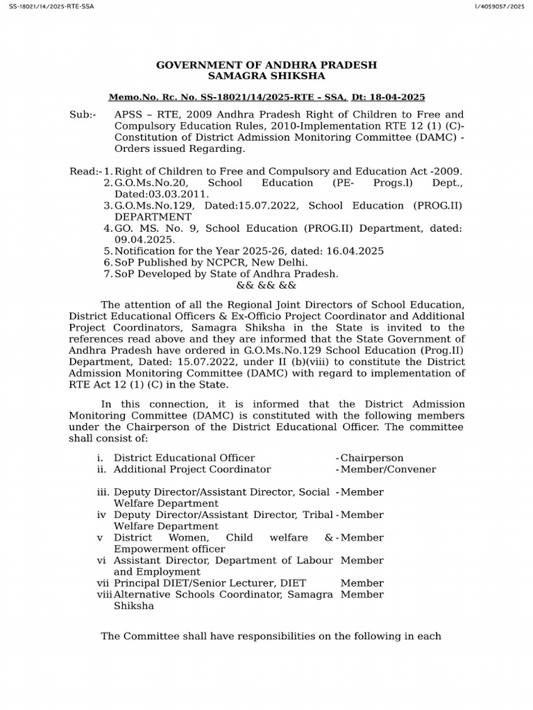 District Admission Monitoring Committee (DAMC) Orders | PDF