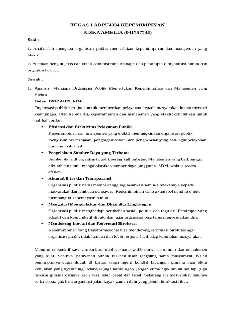 TUGAS 1 ADPU4334 KEPEMIMPINAN | PDF