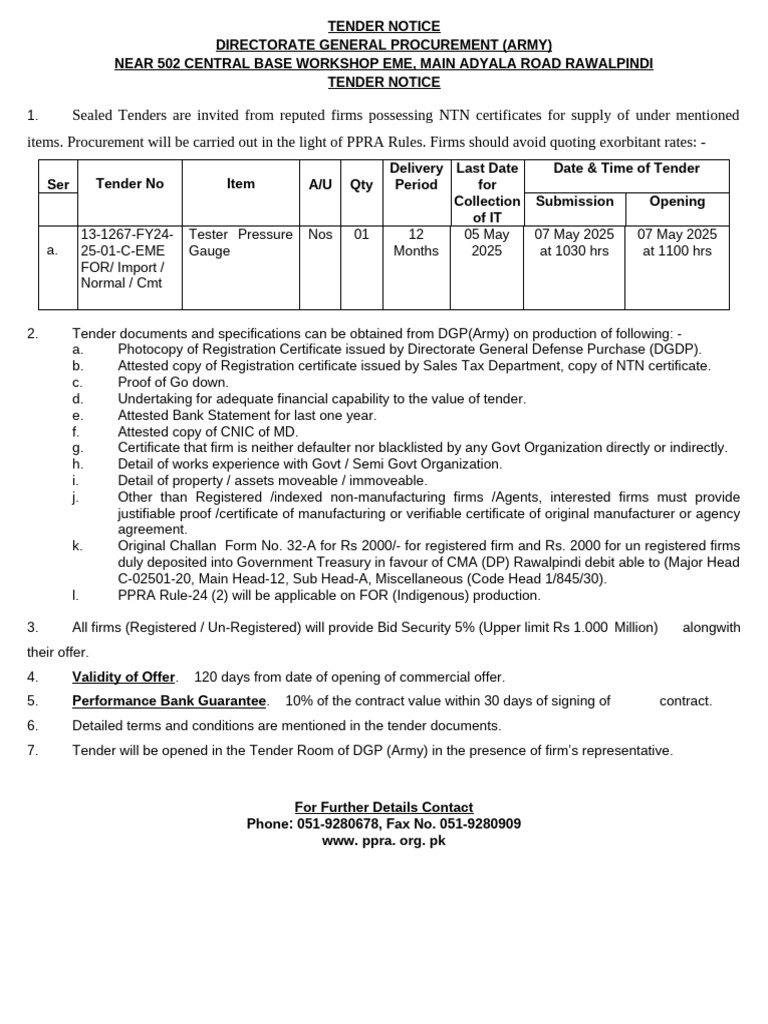 Army Tender Notice for Equipment Supply | PDF | Money