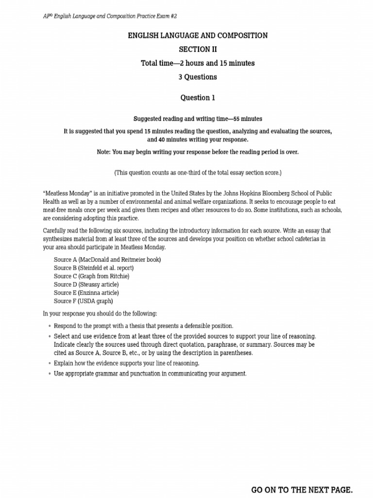 AP Lang Section II "Meatless Monday" Synthesis Essay | PDF