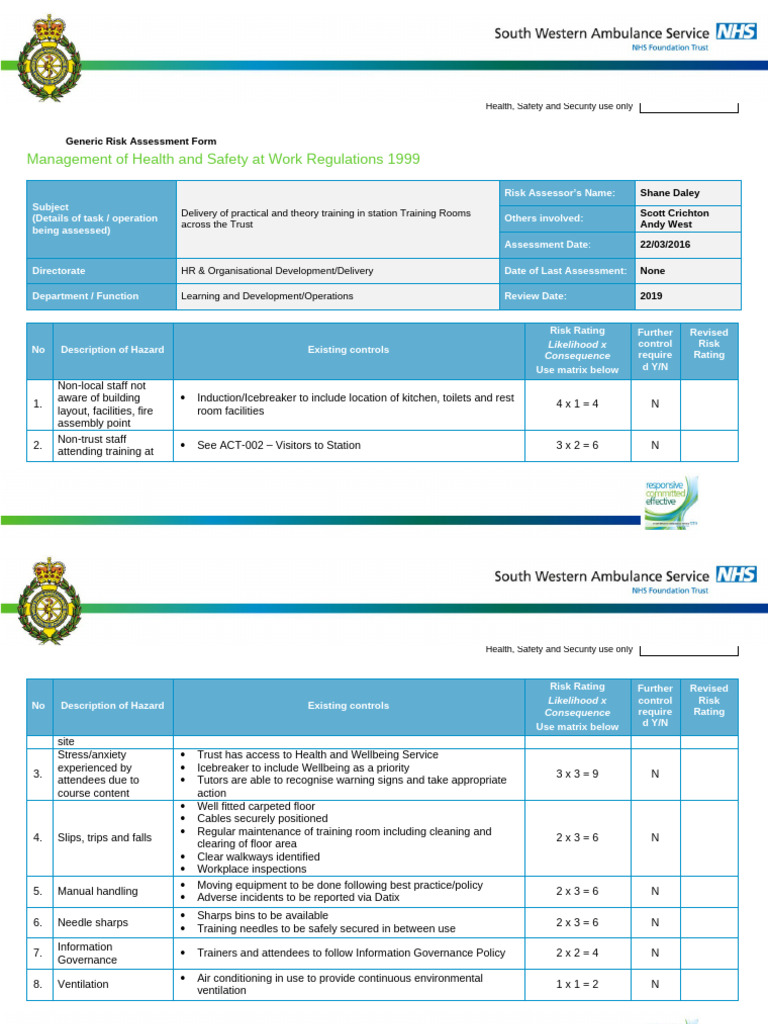 Risk Assessment For Training Rooms | PDF | Risk | Risk Assessment
