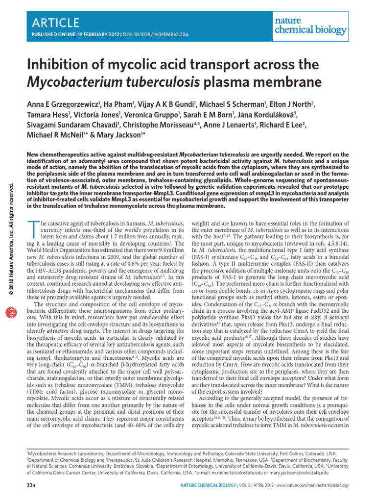2012res - Inhibition of Mycolic Acid Transport Across The MTB Plasma ...