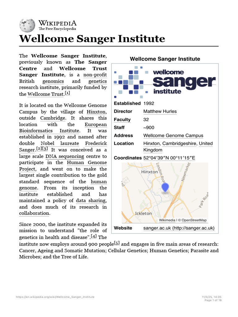Wellcome Sanger Institute - Wikipedia | PDF | Health Sciences | Biology