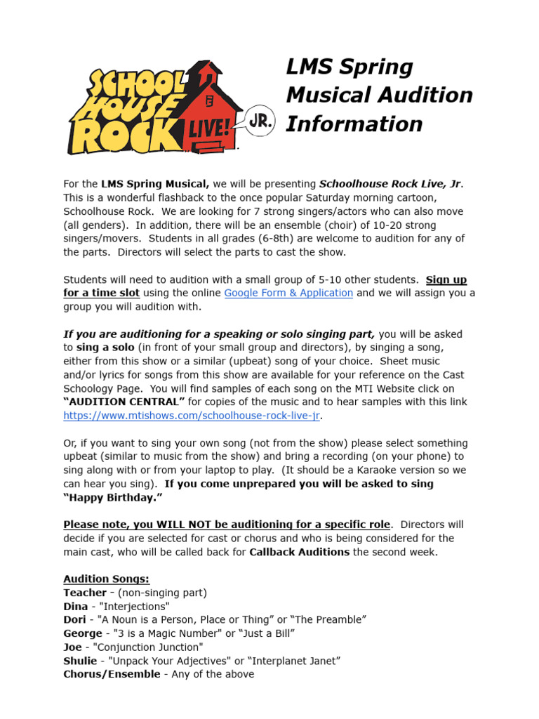 SHR-LMS Spring Musical Audition Information | PDF