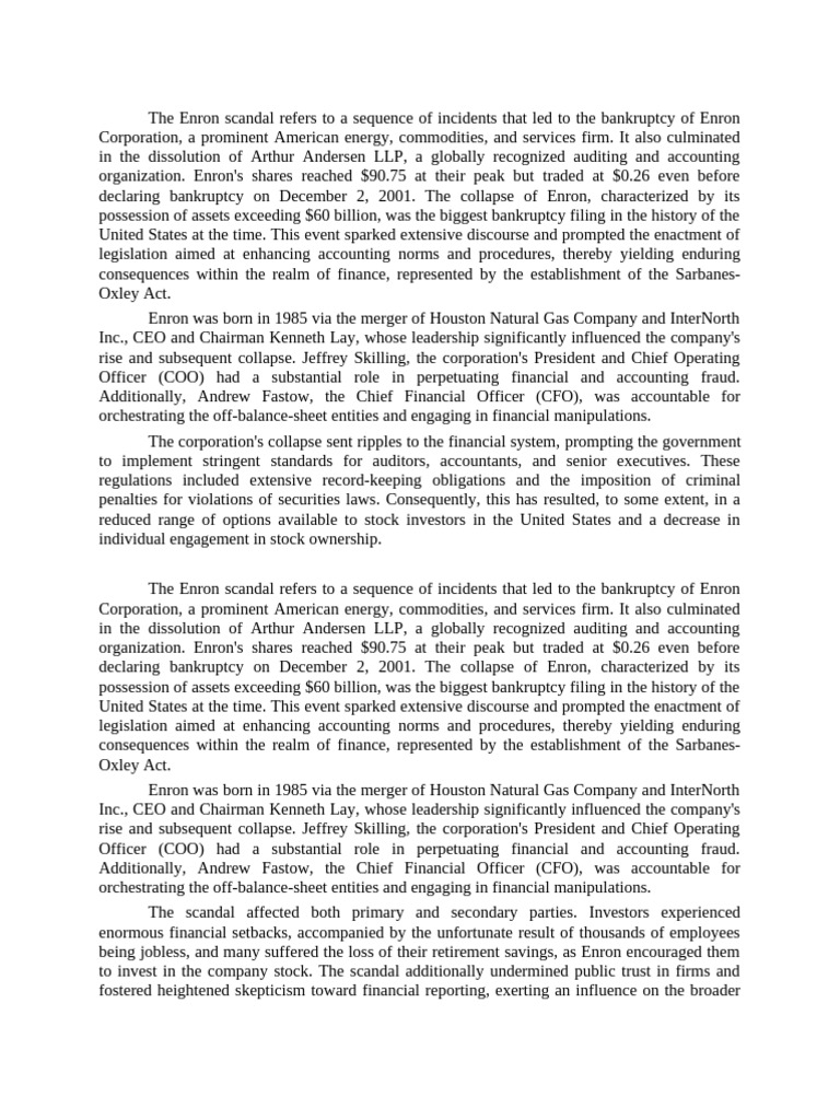 The Enron Scandal Refers To A Sequence of Incidents That Led To The ...