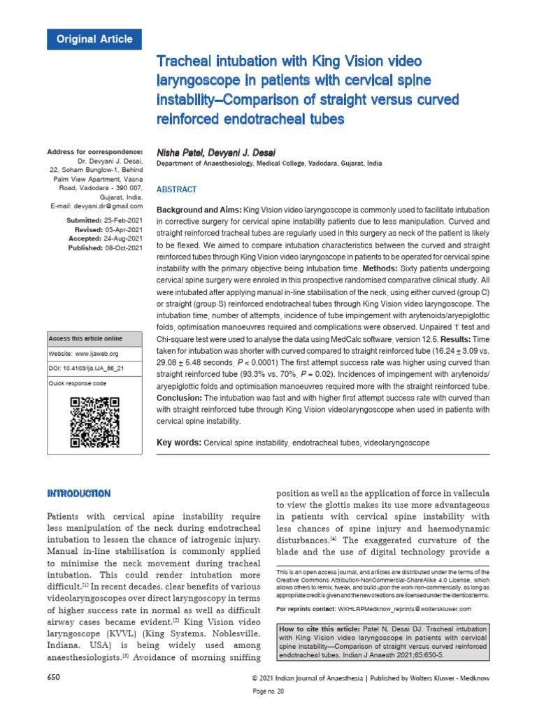 Tracheal Intubation With King Vision Video.3 | PDF | Intensive Care ...