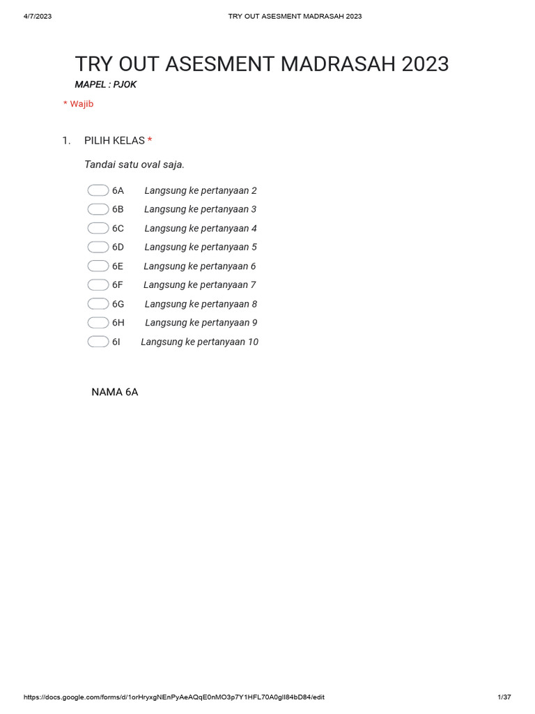 TRY OUT 4 UKD 2023 PJOK - Google Formulir | PDF