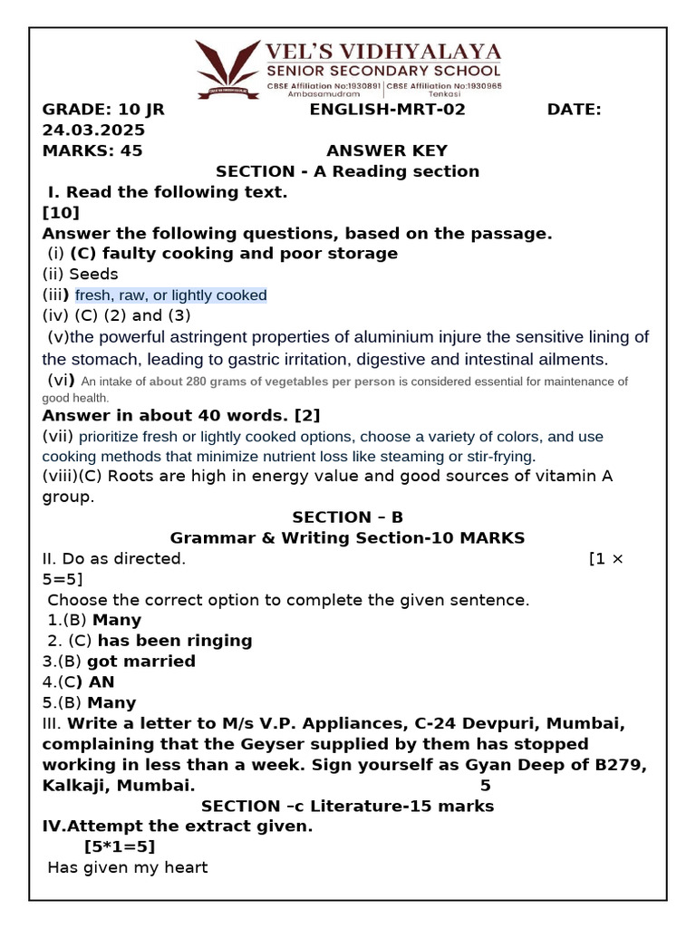 G10 English MRT-2 Answer Key | PDF | Stomach
