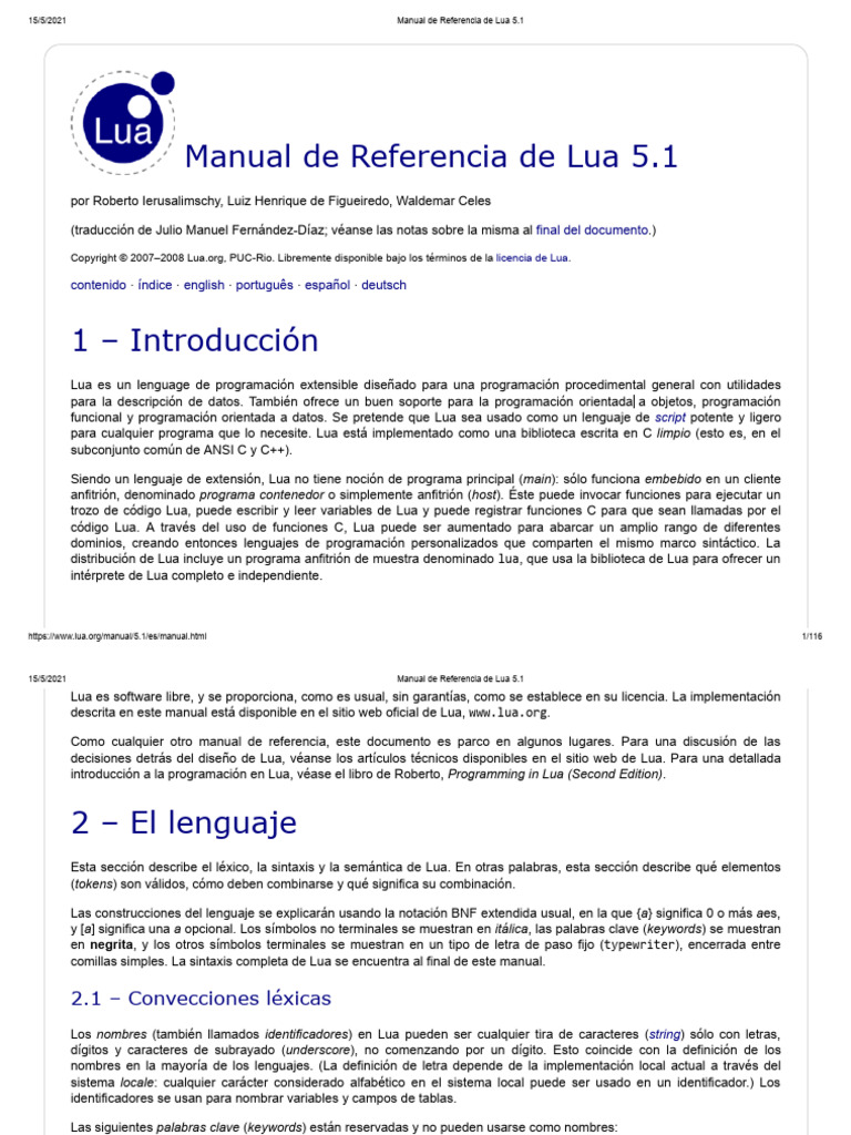 Manual de Referencia de Lua 5.1 | PDF | Lenguaje de programación | División (Matemáticas)