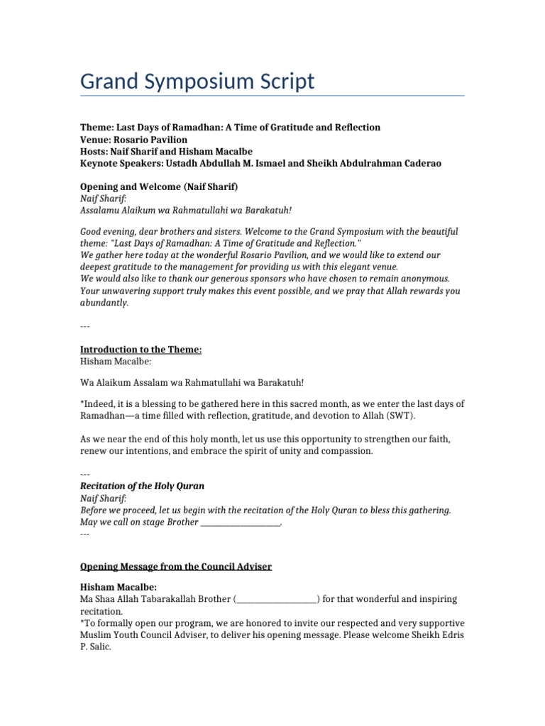 Islamic Grand Symposium Script | PDF | Gratitude | Quran
