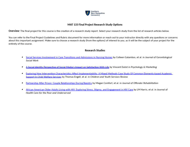MAT 133 Research Study Options | PDF