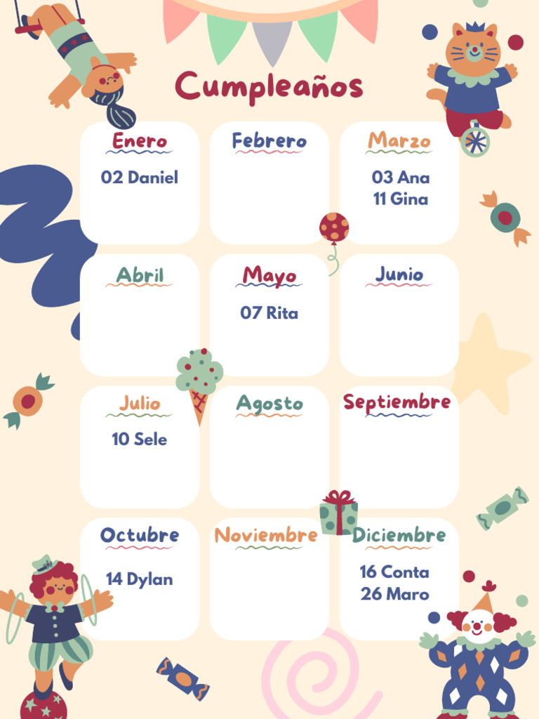 Cartel Calendario de Cumpleaños Ilustrado Infantil Multicolor | PDF