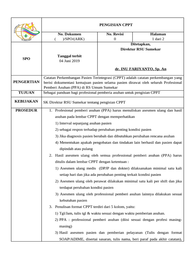 Panduan Pengisian CPPT RSU Sumekar | PDF