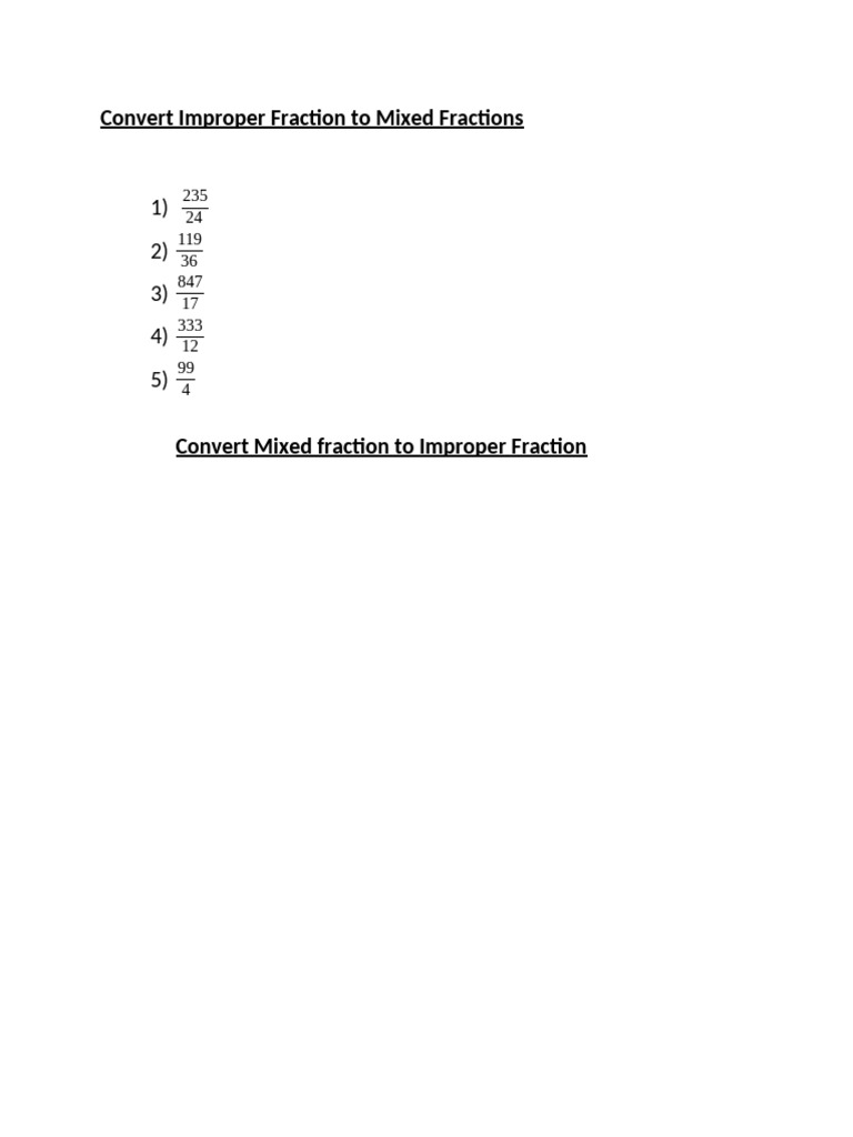 Convert Improper Fraction To Mixed Fractions | PDF