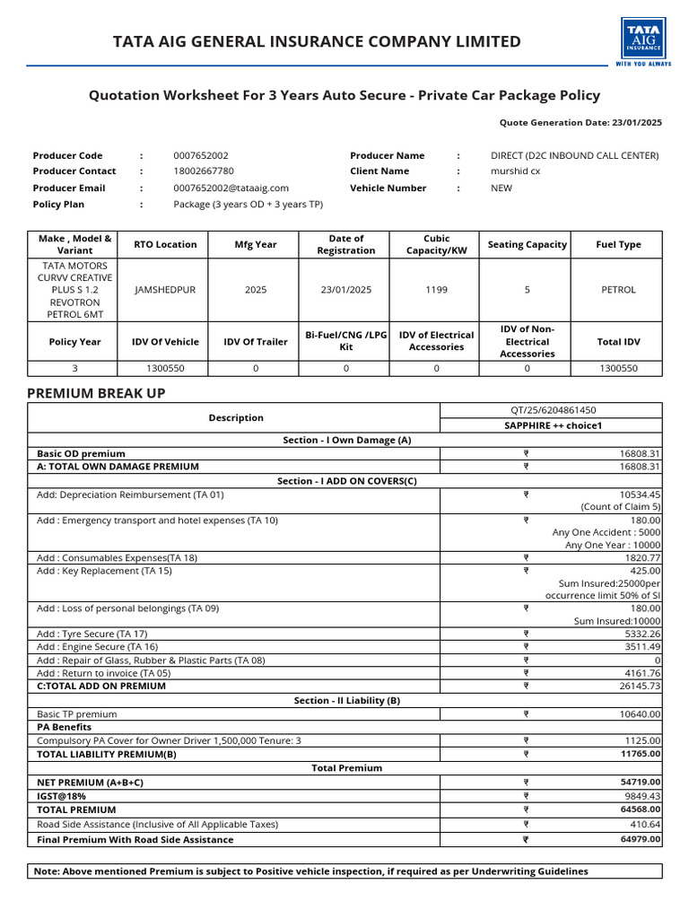 Tata AIG Motor Premium Quote - 3184 - QT256204861450 | PDF | Insurance ...