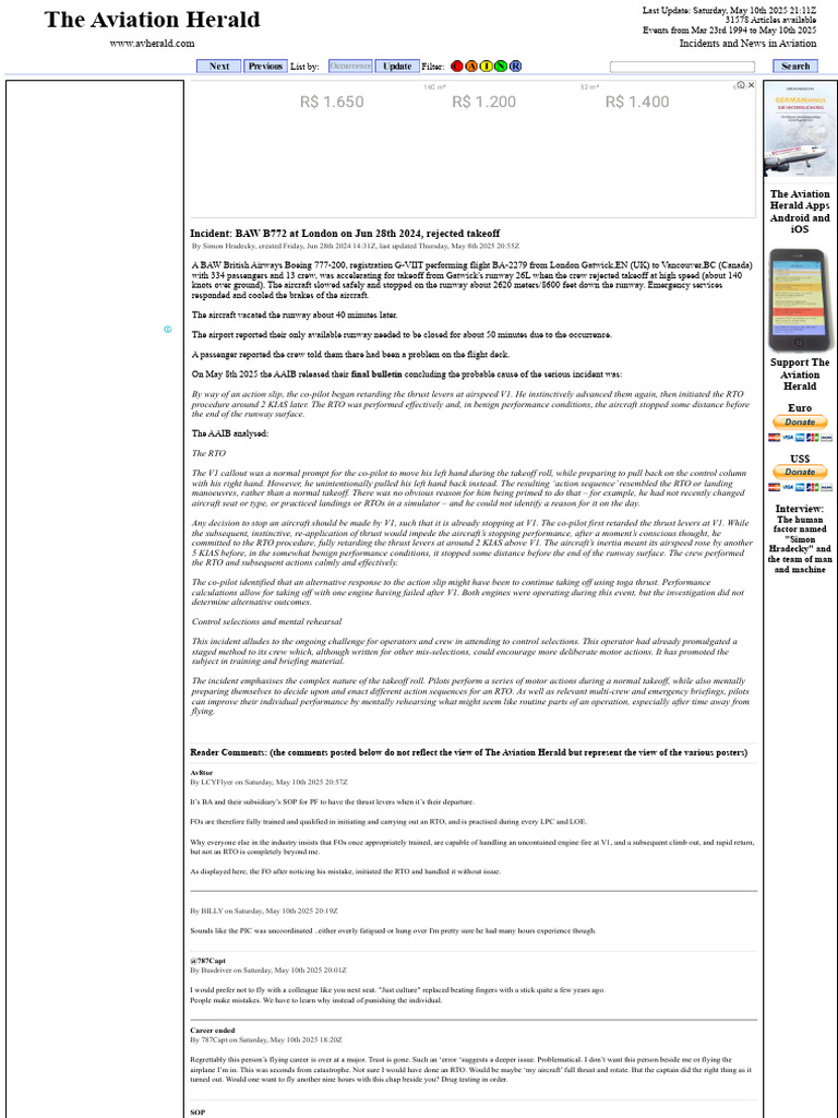 Incident - BAW B772 at London On Jun 28th 2024, Rejected Takeoff | PDF ...