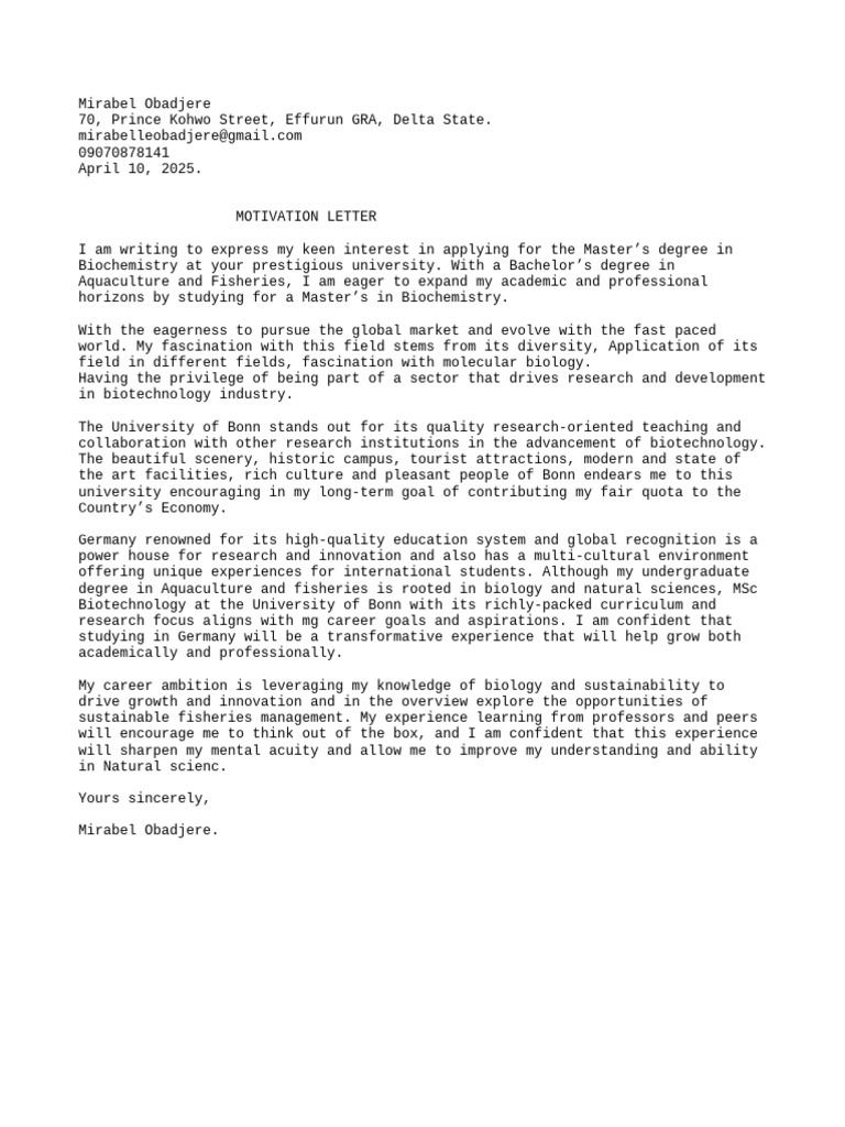 Master's in Biochemistry Motivation Letter | PDF