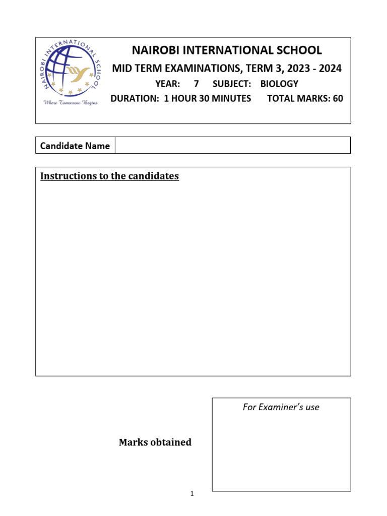 Biology Year 7 Mid Term Exam Term Three 23-24 Copies 68 QP | PDF | Reproductive System | Zoology