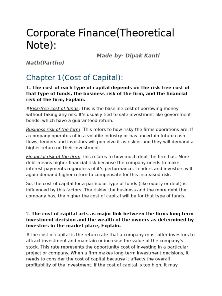 Corporate Finance (Theoretical Note) | PDF | Cost Of Capital | Bonds ...
