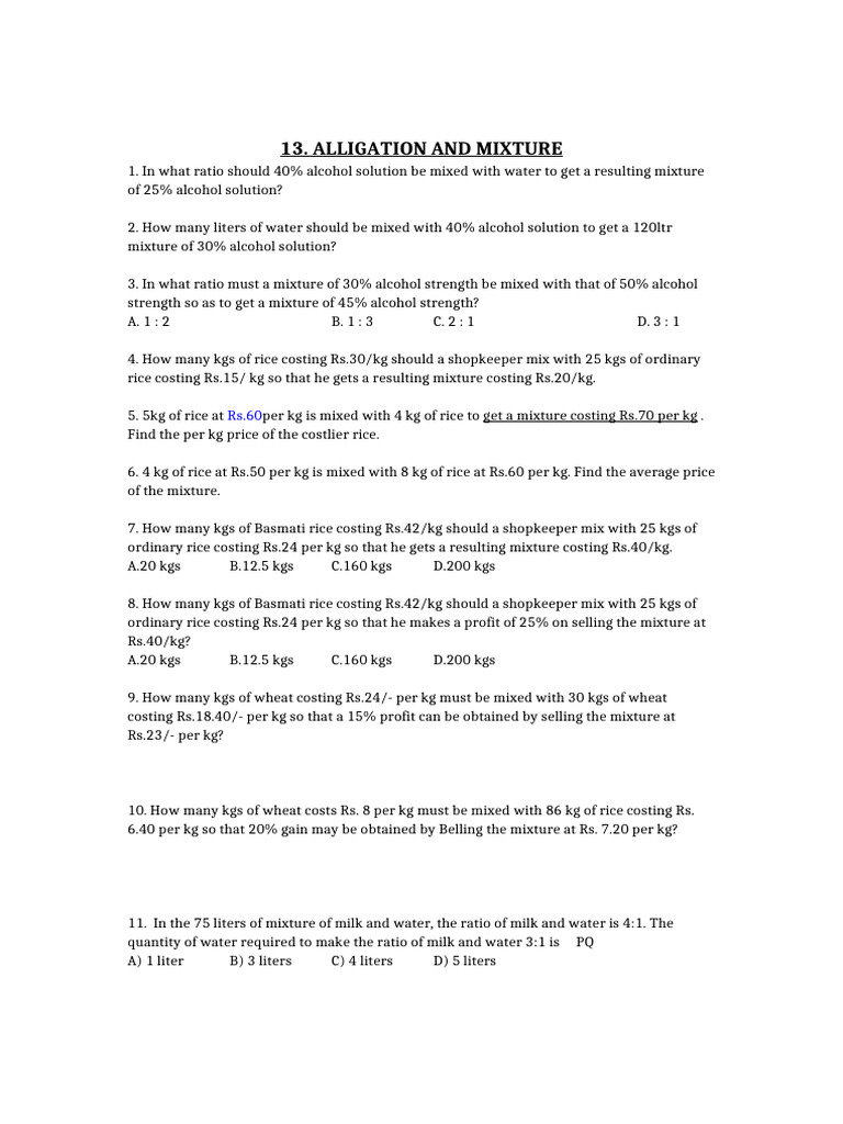 Alligations and Mixtures | PDF | Litre | Interest