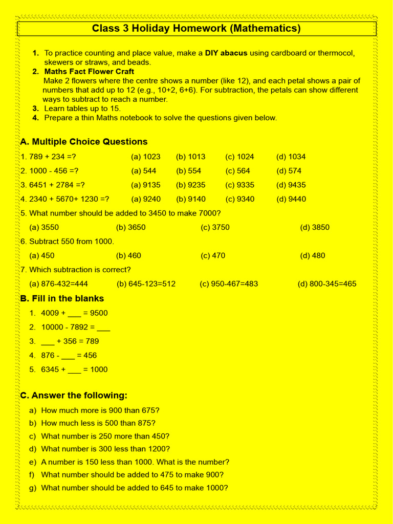 Class3 Holiday Homework | PDF | Mathematics